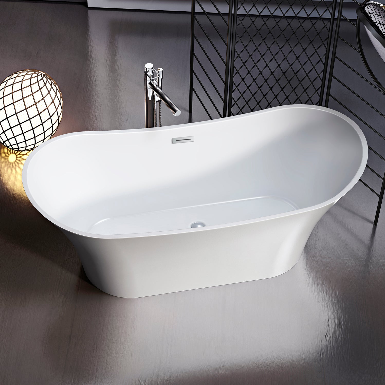 Noreen 69" Acrylic Double Slipper Tub with Integrated Drain and Overfl ...